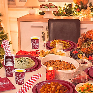 Merry Christmas Tableware Set for 25 Guests, Red Paper Plates Set with Plates Napkins Cups Straws Cutlery for Christmas Party Supplies, 200 pcs Disposable Party Dessert Dinnerwares