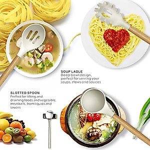 14 Pcs Silicone Cooking Utensils Kitchen Utensil Set - 446°F Heat Resistant,Turner Tongs, Spatula, Spoon, Brush, Whisk, Wooden Handle Kitchen Gadgets with Holder for Nonstick Cookware (BPA Free Khaki)