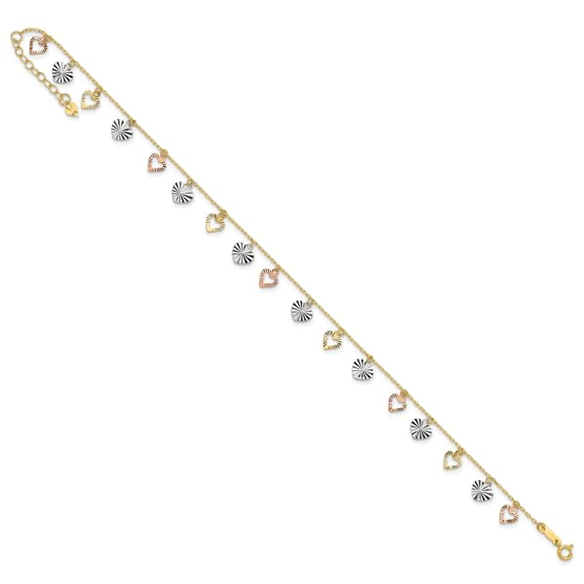 IceCarats 14K Tri Color Gold Heart Love 9 inch Anklet Summer Beach Foot Ankle Bracelet