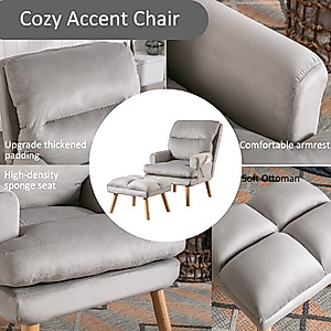 INZOY Accent Chairs with Ottoman, Velvet Fabric Armchair with Ottoman for Bedroom Living Room, Mid Century Modern Chair with Adjustable Backrest and Side Pockets, Grey