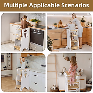 XJD Toddler Standing Tower Adjustable Height Thickened Toddler Wooden Kitchen Stool Helper - Ideal Kids Kitchen Step Stool for Learning New Skills Safety Feet (Nature)