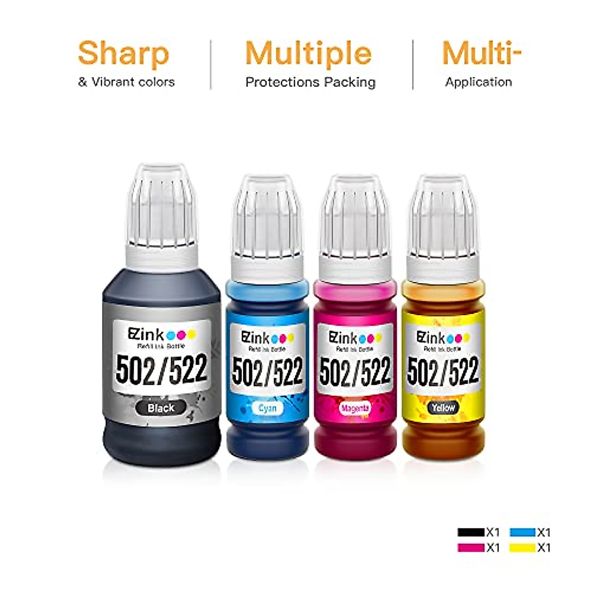 E-Z Ink (TM Compatible Ink Bottle Replacement for Epson 502 T502 522 T522 High Yield to use with ET-4760,ET-3760,ET-2760,ET-3710,ET-2750,ET-3700,ET-3750 Printer (Black, Cyan, Magenta, Yellow, 4 Pack)