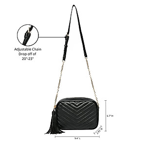 Daisy Rose Quilted Chevron Shoulder Cross Body Bag & Detachable Tassel, PU Vegan Leather - Black