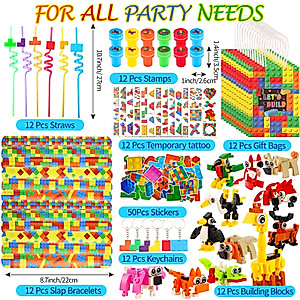 LiYiQ 134 Pcs Building Blocks Party Favors with Reusable Drinking Straws Animal Building Blocks Slap Bracelets Keychains Stamps Stickers and Gift Bags for Kids Gamer Birthday Party Supplies (Building)