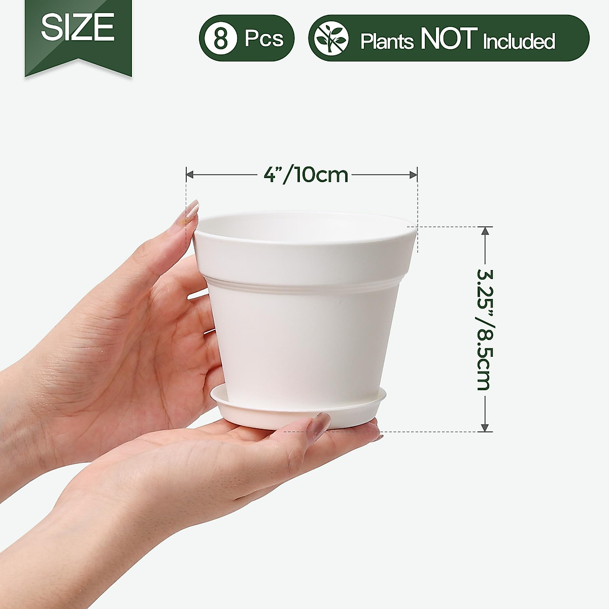 T4U 4 Inch Plant Pots 8-Pack - Small Plastic Planter with Drainage Hole and Saucer, Decorative Nursery Pot Bulk for African Violet, Snake Plant, Succulent and All House Plants Indoor (White)