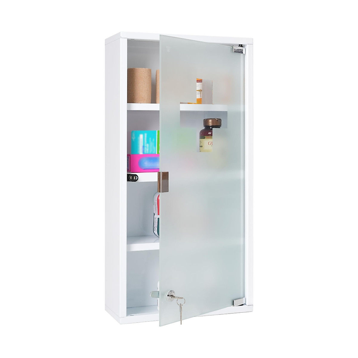 Mount Brook Locking Medicine Cabinet - Wall Mountable Medicine Cabinet with Lock, White Metal Cabinet, Frosted Glass Door with First Aid Cross Sign, 4 Shelves, Magnetic Catch