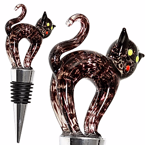 Black Cat Halloween Wine Bottle Stopper - Decorative, Unique, Handmade, Eye-Catching Glass Cat Wine Stoppers – Cute Cat Bottle Stopper - Wine Accessories, Cat Gift for Hostess - Wine Corker / Sealer