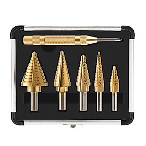Step Drill Bit Set, Step Bit for Metal 6PCS, Titanium High Speed Steel 50 Sizes (1/8''-1 3/8'') with Automatic Center Punch and Aluminum Case, Multiple Hole Stepped Up Bits for DIY Lovers
