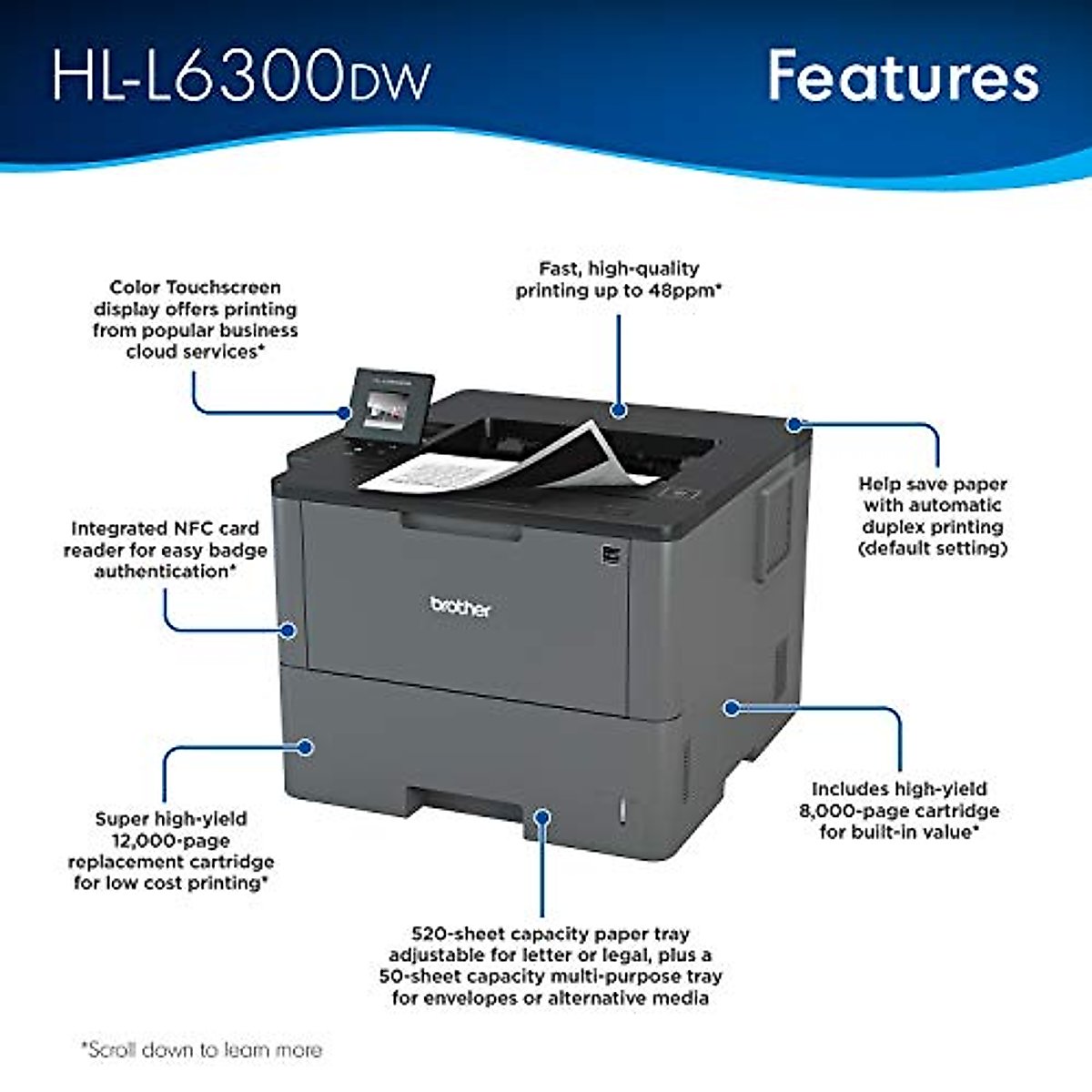 Brother Monochrome Laser Printer, HL-L6300DW, Wireless Networking, Mobile Printing, Duplex Printing, Large Paper Capacity, Cloud Printing, Amazon Dash Replenishment Ready