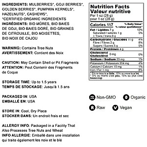 Food to Live Organic Antioxidant Trail Mix, 1 Pound — Contains Mulberries, Goji Berries, Golden Berries, Pumpkin Seeds, Hazelnuts, Cashews. Non-GMO.