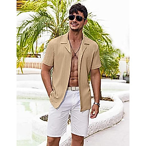 COOFANDY Men's Linen Shirts Short Sleeve Casual Button Down Shirt for Men Fashion Summer Beach Shirt Khaki Hawaiian Shirt for Men Khaki - L