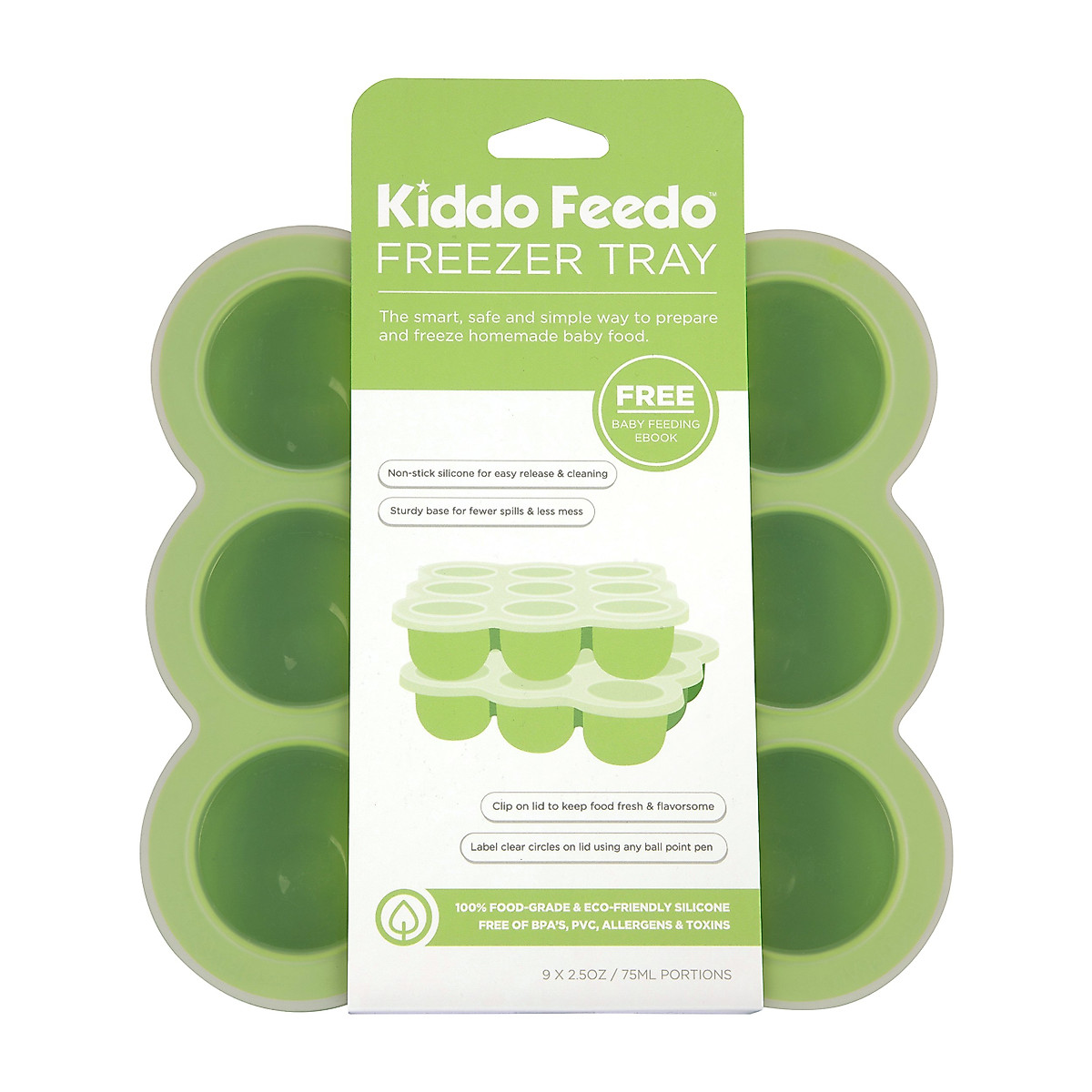 Kiddo Feedo Baby Food Freezer Tray with Silicone Clip-On Lid - Free E-Book by Award-Winning Author/Dietitian - Green