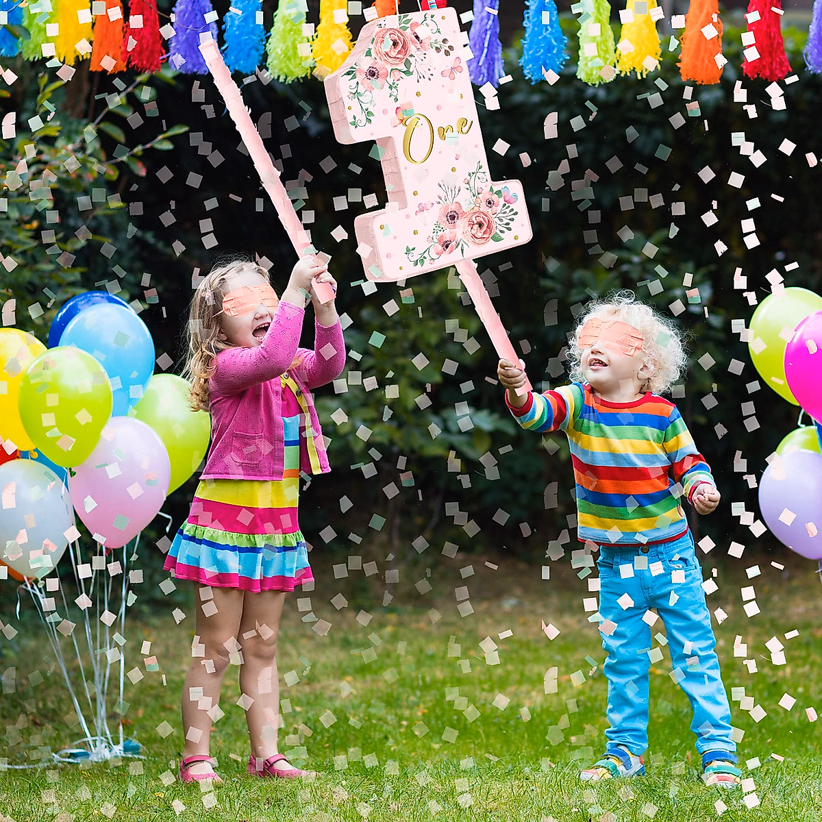 Pink Floral Piñata Number 1 Piñata Set with Blindfold, Bat and Filler for Flower Theme Gender Reveal Baby Shower Kids First Birthday Party Supplies