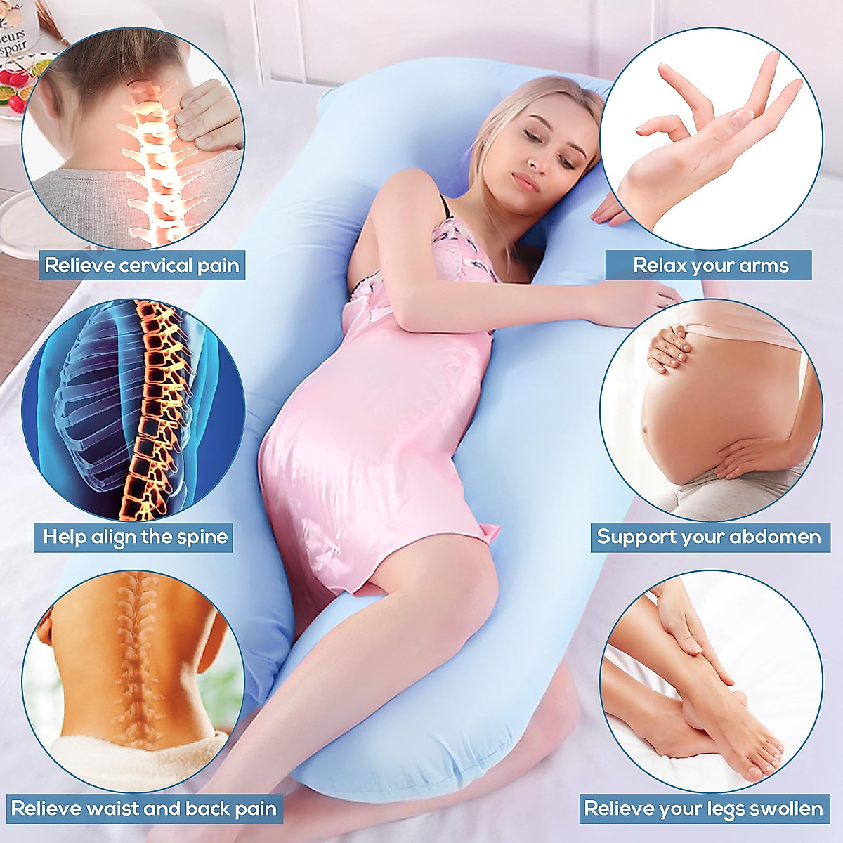 Tree.NB Full Body Pregnancy and Kid U Shape Pillow for Maternity and Pregnant Women, Blue (130 * 70 * 15CM)