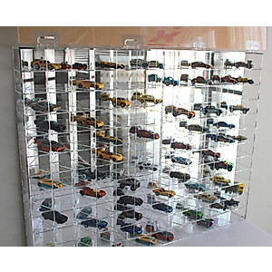 DisplayGifts Clear Acrylic Display Case for 1:64 Scale Hot Toy Cars Wheels Model Cars Display with 144 Compartments in 45 Degree Angle, Clear, UV Protect 22.5 X 30.4 X 3 Inches, Wall Mounted Storage