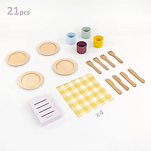 Pillowhale Wooden Toy Plates and Dishes Set,Play Kitchen Cutlery and Plate Set,21Piece Kids Kitchen Playset Accessories for Toddlers Boys Girls Ages 3+