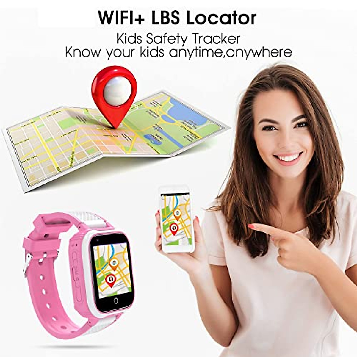 4G Smart Watch for Kids, Smart Watch with GPS Tracker Two Way Calling, Text Voice & Video Chat, SOS, WiFi, Waterproof Touch Screen Wrist Watch Suitable for 4-12 Boys Girls Birthday Gifts. (Pink)