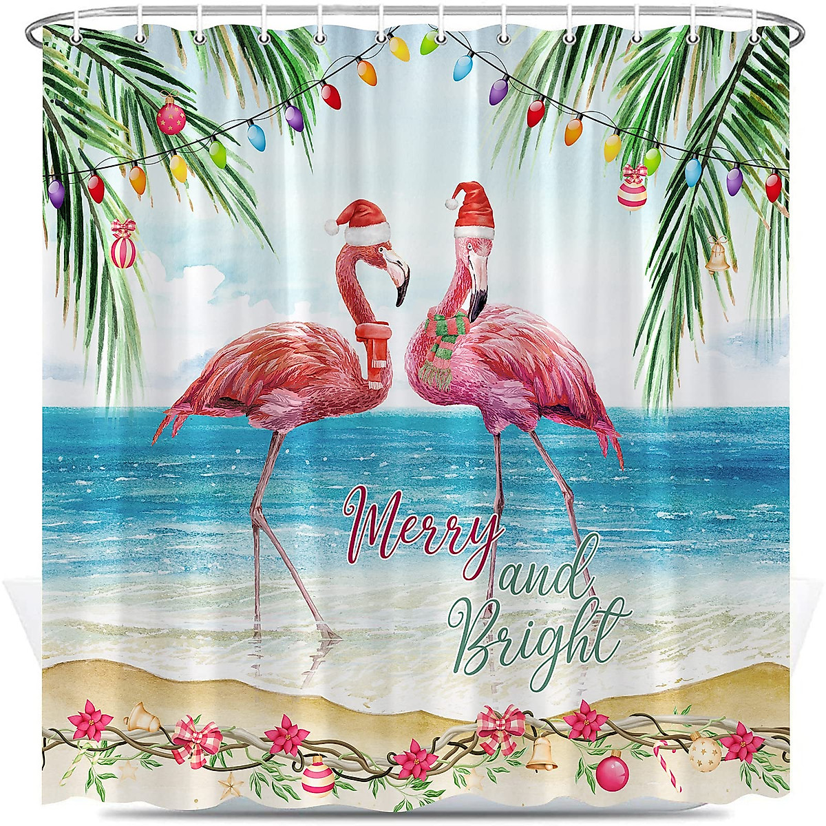 XHCEOH Christmas Pink Flamingo Shower Curtain Tropical Beach Funny Xmas Hat New Year Holiday Home Farmhouse Bathroom Decor Curtains Fabric Set with Hooks, 70Wx70H inch