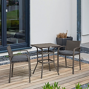 Outsunny 3 PCS Rattan Wicker Bar Set with Wood Grain Top Table and 2 Bar Stools for Outdoor, Patio, Poolside, Garden, Grey