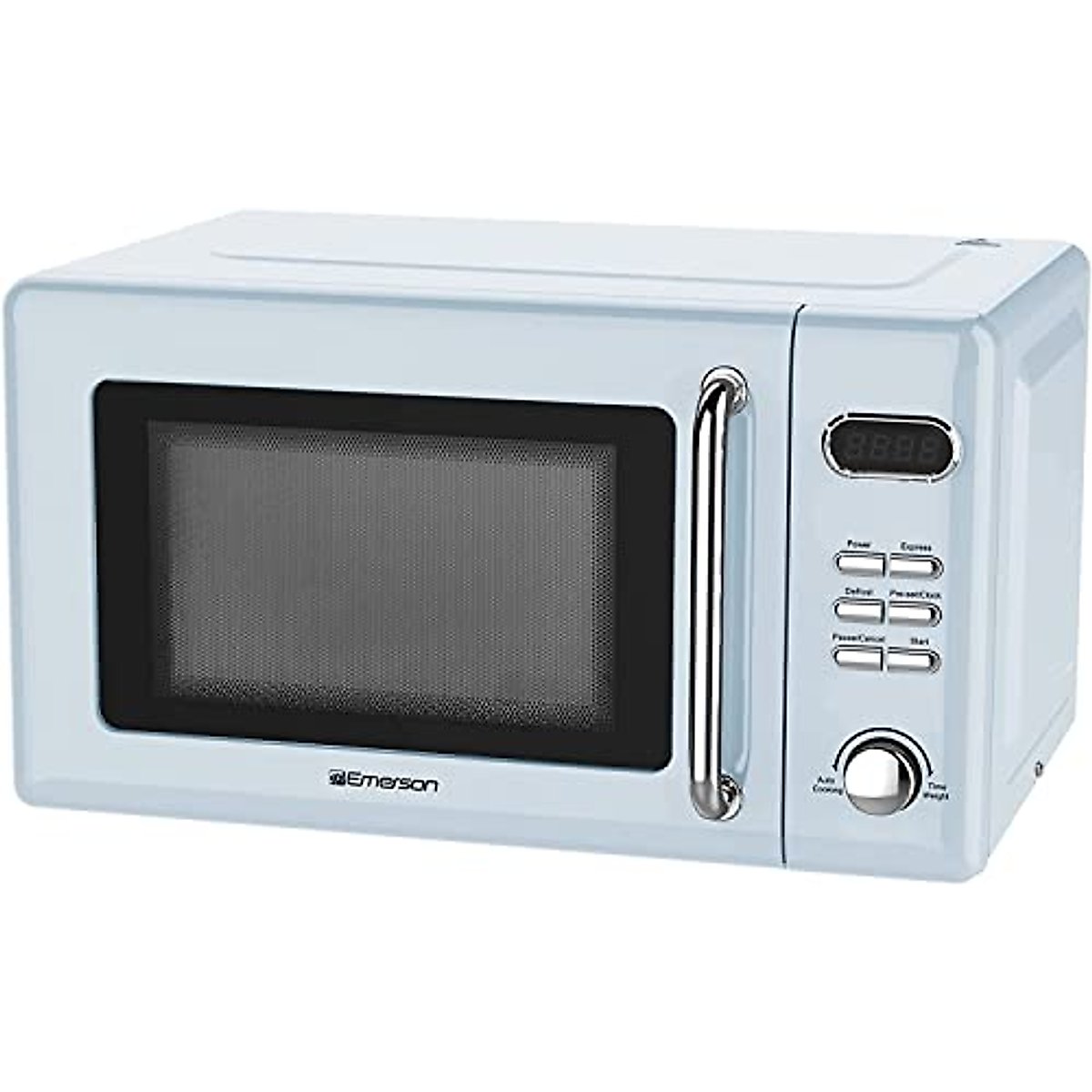 Emerson .7 Cu Ft Retro Digital Microwave Oven, 700W with 5 Micro Power Levels, 8 Pre-Programmed Settings, Express & Defrost, Chrome Handle & Control Buttons, Timer & LED Display, Retro Blue