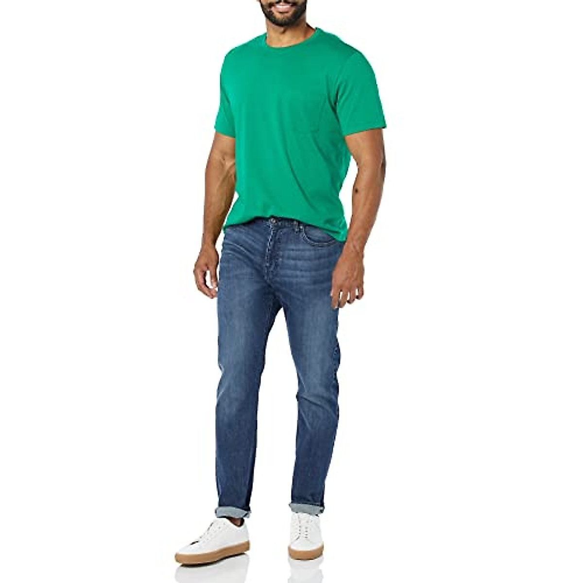 Amazon Essentials Men's T-Shirts, Short-Sleeve Crewneck Pocket, Cotton, 2-Pack, Large, Navy/Green