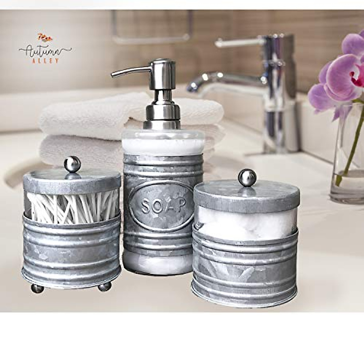 Autumn Alley Adorable 3 Piece Farmhouse Bathroom Accessory Set for Sink/Vanity with Galvanized Soap Dispenser, Cotton Ball Container with Lid, Qtip Organizer- Galvanized Farmhouse Bathroom Decor