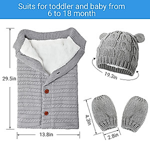 Vicenpal Newborn Baby Wrap Swaddle Blanket Knit Sleeping Bag Receiving Blanket Stroller Wrap for Baby Knitted Hat Gloves Set Beanie Hat and Mittens Unisex Design,Gray