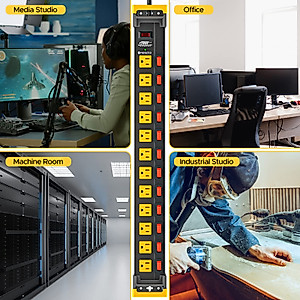 CRST 12 Outlets Heavy Duty Power Strip Surge Protector with Individual Switches, Metal Mountable Power Strip with Cord Manager, 9FT, 1020J, 15A/1875W (Black+Yellow) for Garage, Workshop, Shop, Home