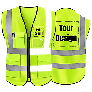 YOWESHOP High Visibility Safety Vest Custom Your Logo Protective Workwear 5 Pockets With Reflective Strips Outdoor Work Vest (Neon Yellow XL)