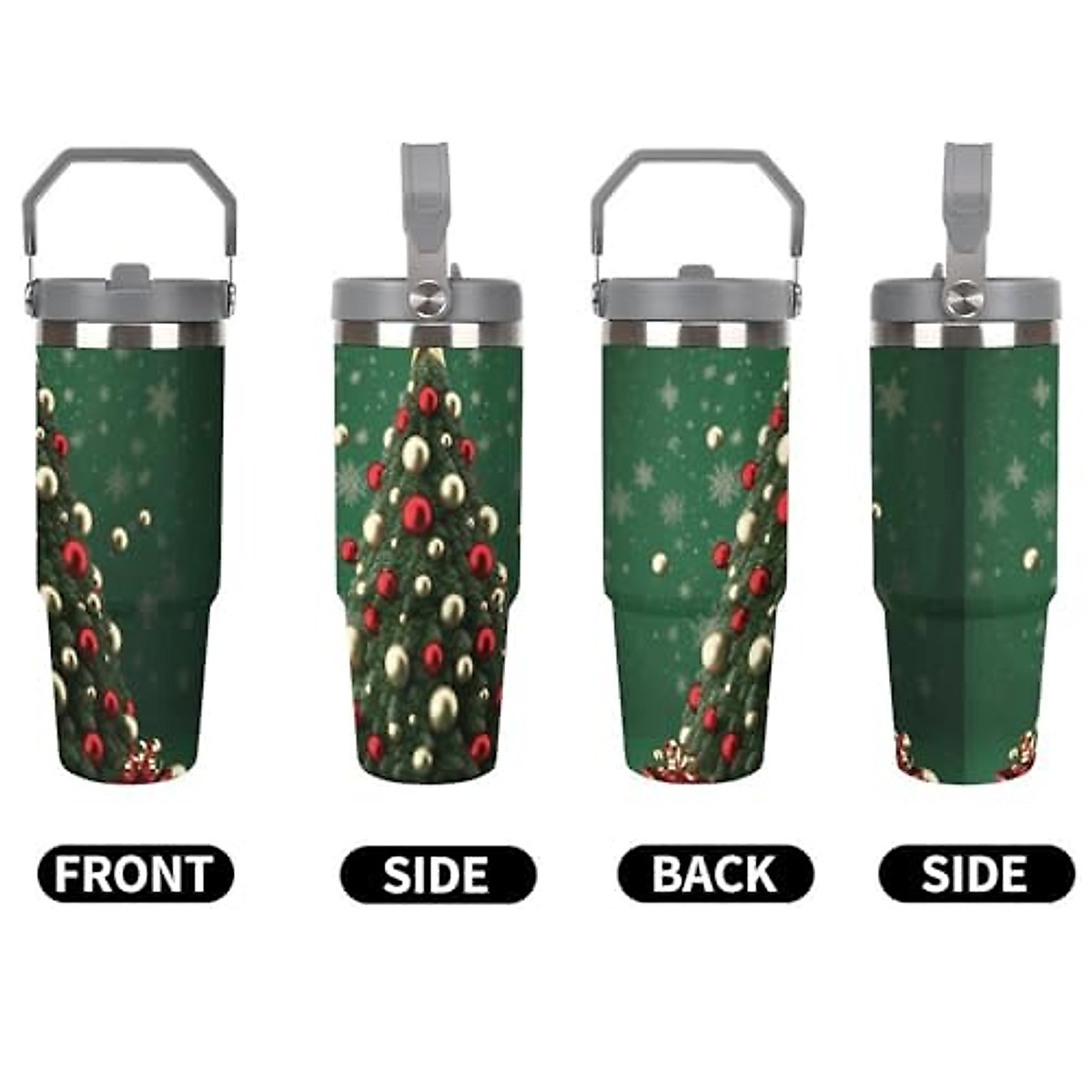 BWQJKUO Large Capacity Car Cup 30 Oz Stainless Steel Round Ball Christmas Tree Printed Travel Mug Leak-proof Flip Straw Tumbler with Handle,keeps Cold Or Ho