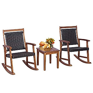 Tangkula 3 Pieces Patio Rocking Chair Set, Patiojoy Acacia Wood Rocker with Side Table, Outdoor Rocking Chairs with Wicker Rattan Seat & Backrest, Rocking Bistro Set for Garden, Backyard, Poolside
