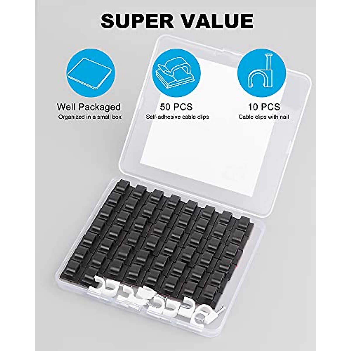 60 PCS Adhesive Cable Clips, Upgraded Wall Wire Clips for Cable Management, Strong Cord Clips Wire Holders for The Wall, Under Desk, Christmas Lights, Car, Dash Cam, Ethernet, Electric Wires Small