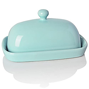 SWEEJAR Ceramics Butter Dish with Lid, Butter Keeper Container, East/West Coast Butter, 7 inches (Turquoise)
