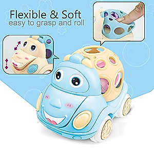 Tepear Baby Girl Rattle Roll Car Push Vehicles Soft Rubber Toy 6 12 Months Infant Boys Walker Toddler, 3pcs Fiction Power Truck Learning Gift for 1 2 3 Year Old Kid