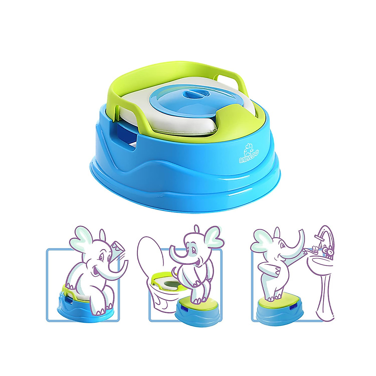 Babyloo 3 In 1 Bambino Booster Potty Training System with Free Standing Potty, Step Stool, and Toilet Mount for 1 to 6 Year Olds, Blue and Green
