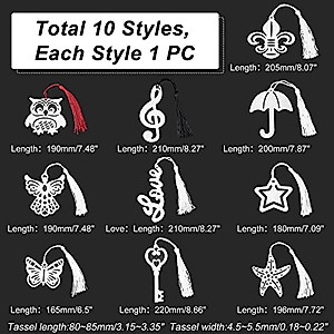 AHANDMAKER 10 Pcs Stainless Steel Bookmarks, Cute Starfish Angel Butterfly Owl Bookmark, Metal Hollow Bookmark with Tassels for Book Lovers Wedding Party Favors(10 Styles)