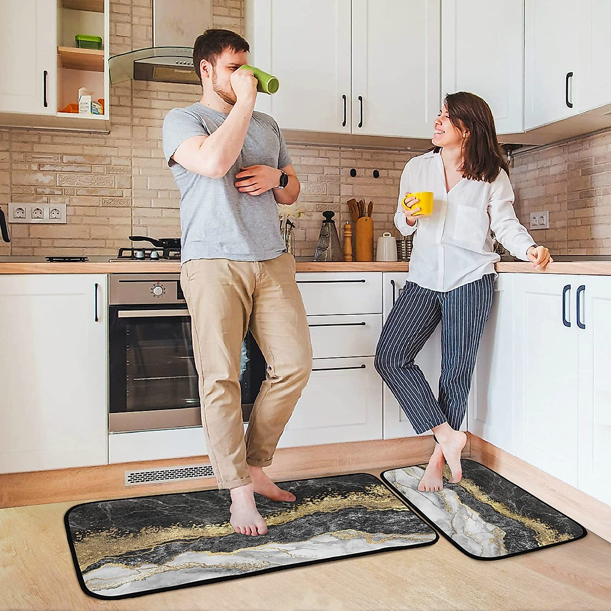 Kitchen Mats Rugs 2 Piece Set Bath Mat Antifatigue Cushioned Gold Black Marble for Floor Washable Non Slip