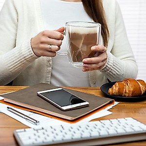 Double Wall Glass Coffee Mugs 16 oz - Large Clear Set of 2 - Patent Pending Geometric Modern Novelty Design - Insulated & Double Walled Glass Coffee Mugs. Ideal for Latte & Cappuccino