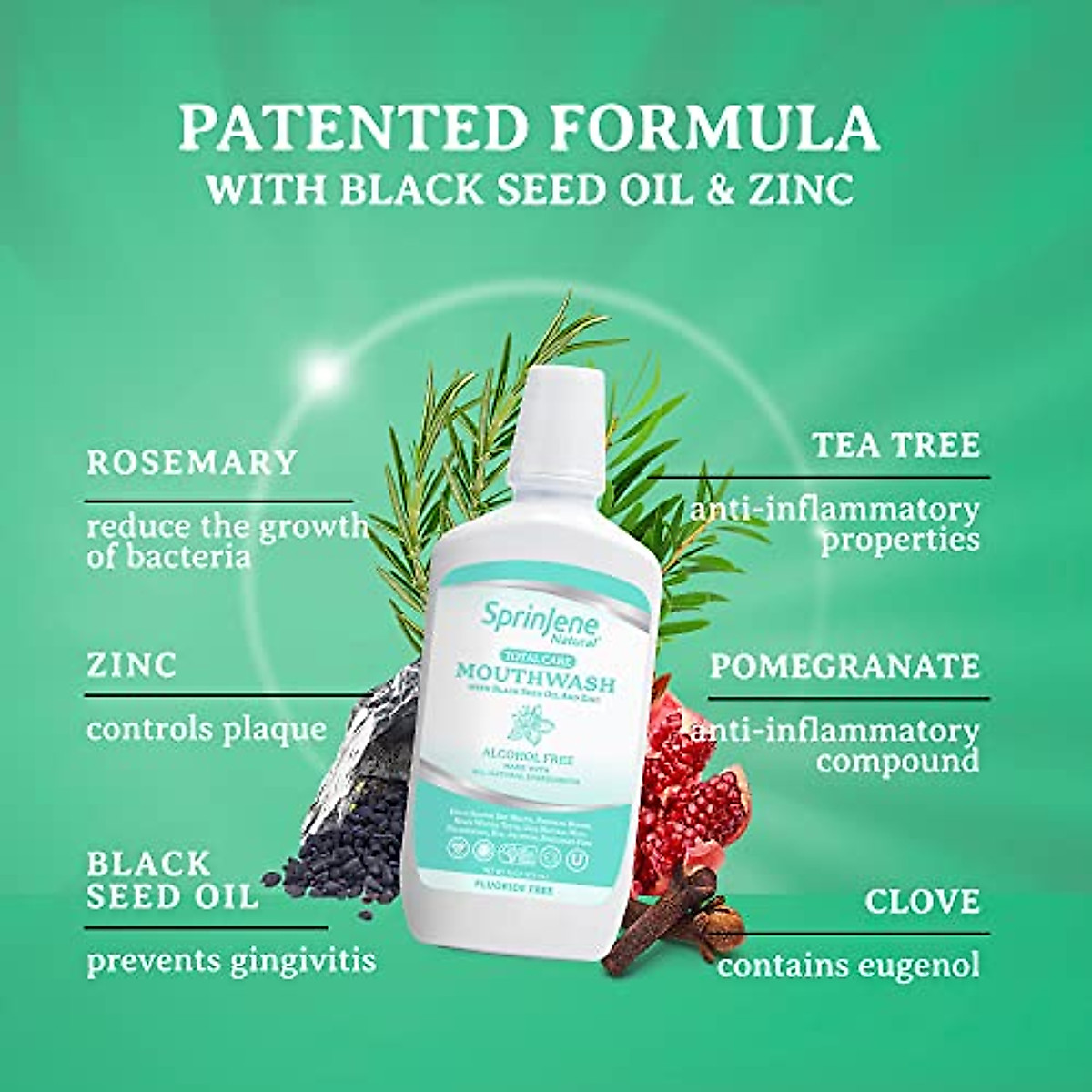 Sprinjene Fluoride Free Mouthwash Alcohol Free for Fresh Breath, Gum Health, Dry Mouth & Whitening Teeth with Black Seed Oil & Zinc - SLS Free, Toxic Free Vegan, Gluten Free, Kosher, Halal (Natural)