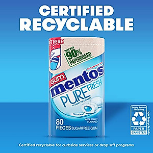 Mentos Pure Fresh Sugar-Free Chewing Gum with Xylitol, Fresh Mint, in a recyclable 90% Paperboard Bottle, 80 Piece (Pack of 1)