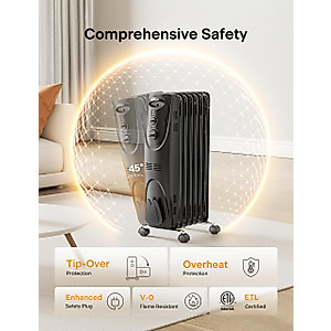 PELONIS Oil Filled Radiator Heater for indoor use Large Room Safe with Thermostat, 1500W Energy Efficient Quiet Space Heater, 3 Heat Settings, Overheat & Tip-Over, Black