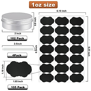 OBKJJ 102 Pack Round Cans with Screw Lid 1 Oz Aluminum Metal Tins DIY Food Candle Containers for Lotion Bars, Balms, Salve, Spices, Beard Balm, Crafts with 4 Markers 5 Sheets Label Stickers (Silver)