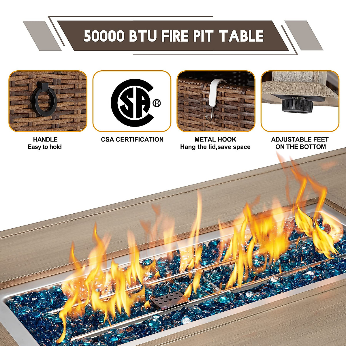 GYUTEI 50in Outdoor Propane Gas Fire Pit Table with Glass Wind Guard,50,000 BTU Rectangle Firepit w/CSA Certification,Aluminum Tabletop for Garden Patio(Grey)