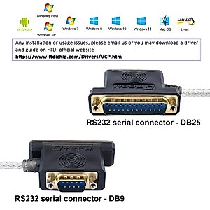 DTECH USB to Serial Adapter DB25 DB9 RS232 to USB Cable 4 Feet with FTDI Chip Supports Windows 11 10 8 7 and Mac