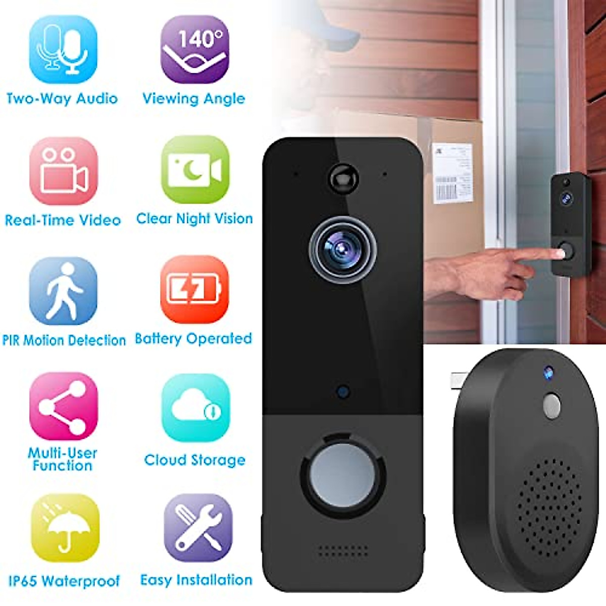iMounTEK Video Doorbells Wireless Smart Wi-Fi Video Doorbell Security Phone Door Ring Intercom Camera 2-Way Audio Night Vision, Security Door Ring, Motion Detection, IP65 Waterproof Battery Operated