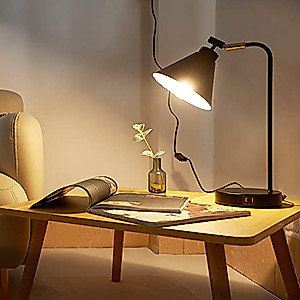 Industrial Black Bedroom Table Lamp, Dimmable Touch Control Bedside Lamp with 2 USB Charging Ports and AC Outlet, Nightstand Reading Lamp with Metal Flexible Head for Living Room Office, Bulb Included