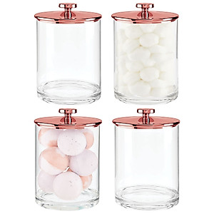 mDesign Large Modern Apothecary Storage Organizer Canister Jars - Plastic Containers for Bathroom, Organization Holder for Vanity, Counter, Makeup Tables, Lumiere Collection, 4 Pack, Clear/Rose Gold