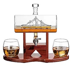 Whiskey Decanter Set, Liquor Dispenser for Home Bar, Crystal Glass - 1250ml Ship & 2 Whiskey Glasses Beautiful Stand Fathers Day, Gift for Dad, Husband or Boyfriend - The Wine Savant 100% Lead-Free