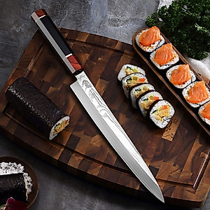 FINDKING Prestige Series Yanagiba Knife with Walnut Cover, Japanese SKD11 Damascus Steel Blade, Ebony Wood Octagonal Handle, Professional Sashimi Sushi Fish Knife (10.5 Inches, with Wooden Gift Box)