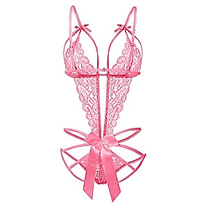 Donnalla Women's Deep V Lace Teddy One Piece Lingerie Cutout Strappy Lingerie, Pink, Medium